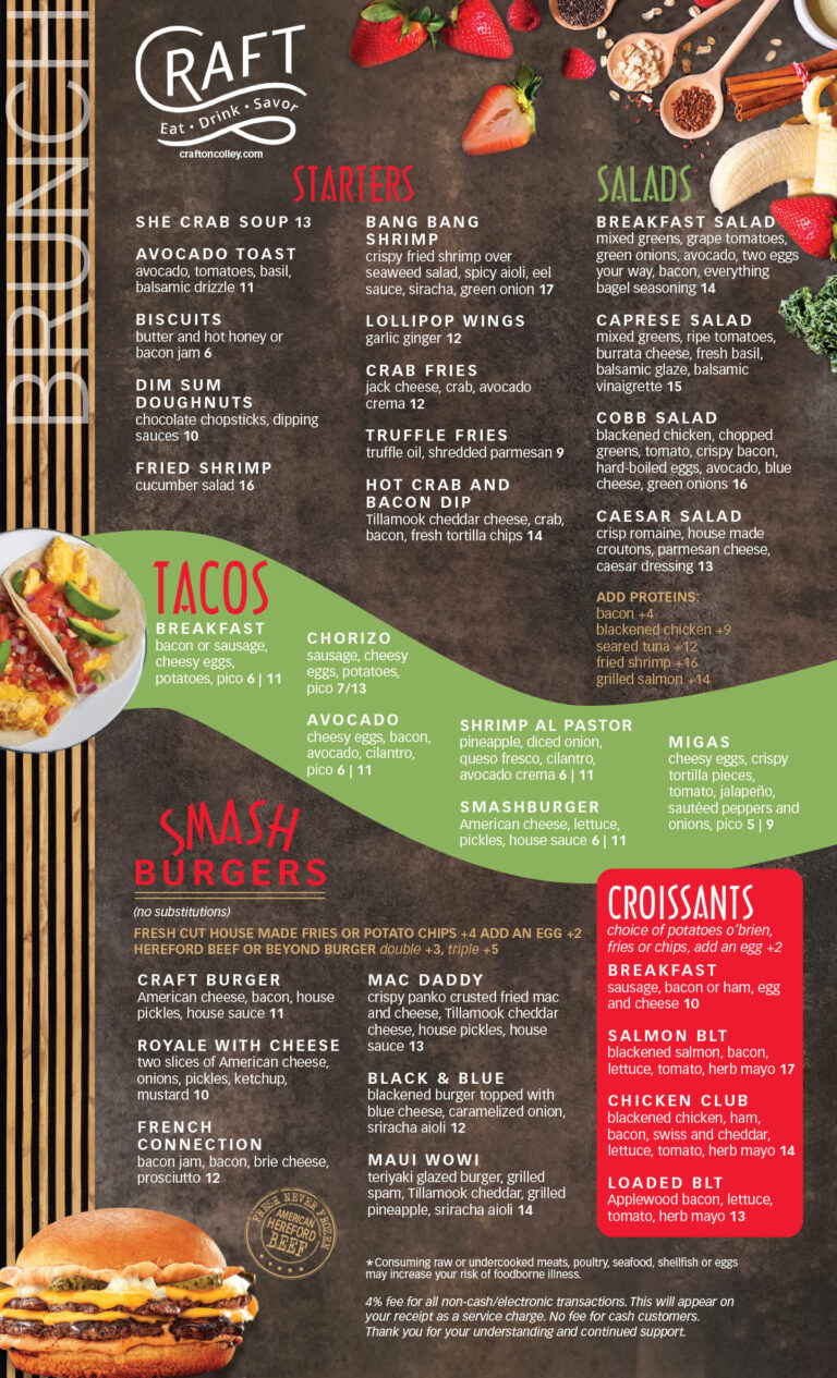Food, Brunch, Cocktails, Wine & Beer Menus - Craft On Colley