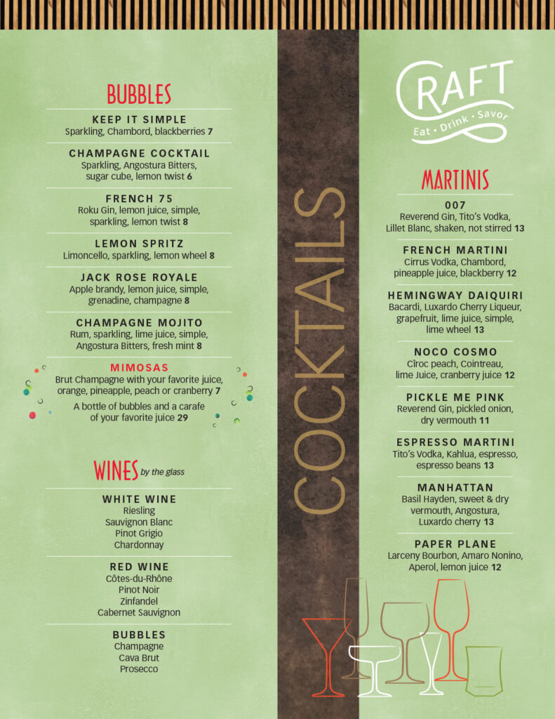 Food, Brunch, Cocktails, Wine & Beer Menus - Craft On Colley