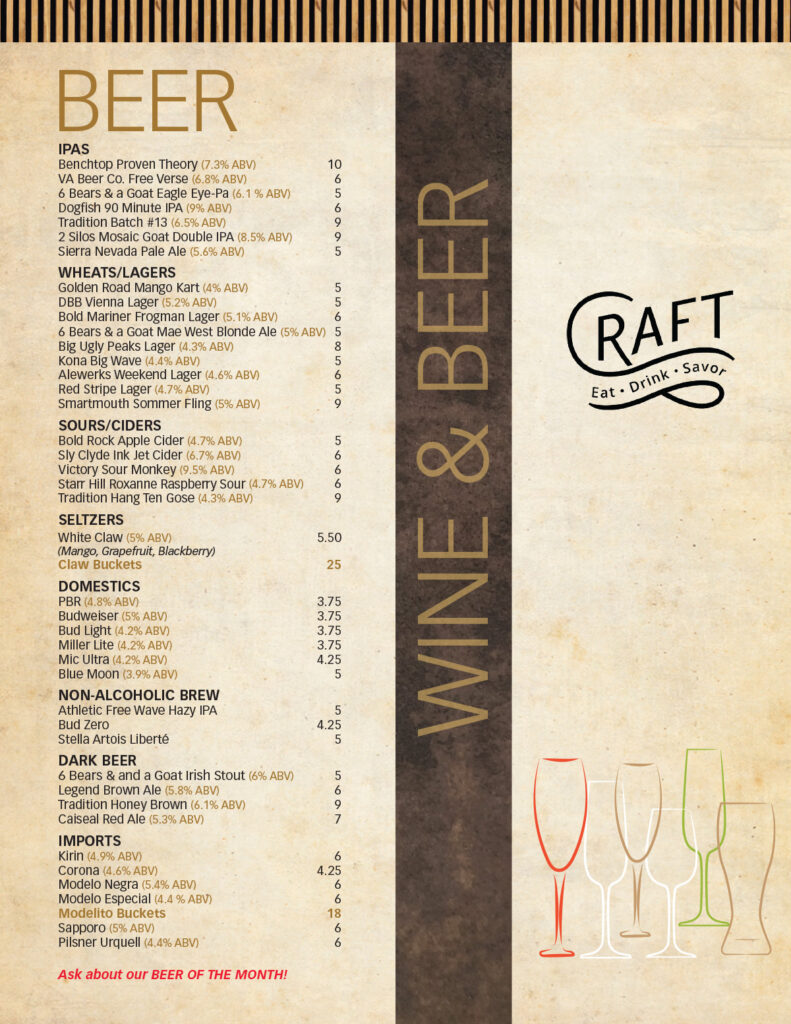 Food, Brunch, Cocktails, Wine & Beer Menus - Craft On Colley